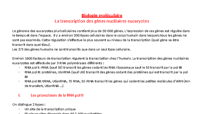 Biologie Moléculaire - La Transcription des Gènes Nucléaires (Cours 2 ...