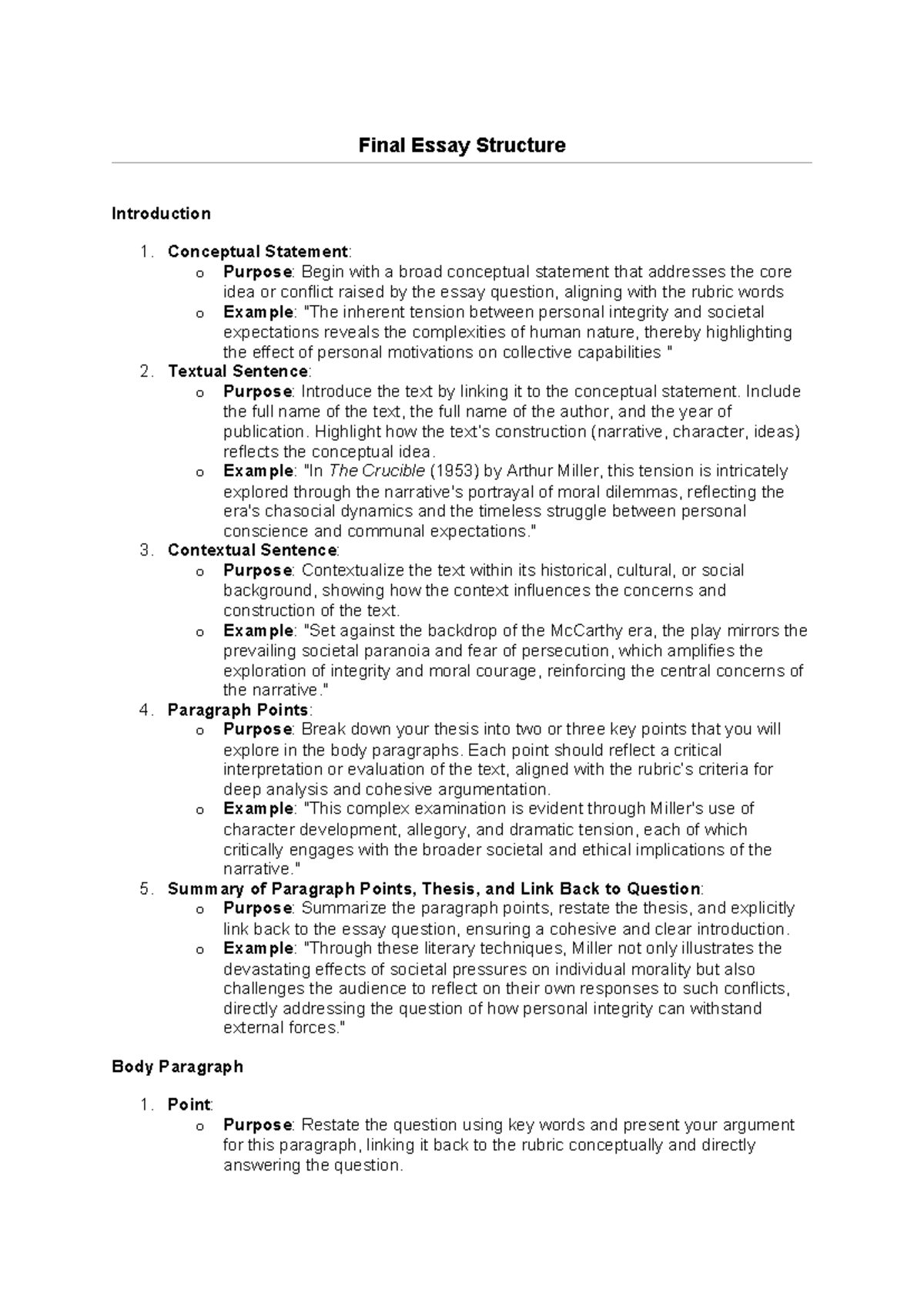 Final Essay Structure: Analyzing The Crucible (ENG101) - Studocu