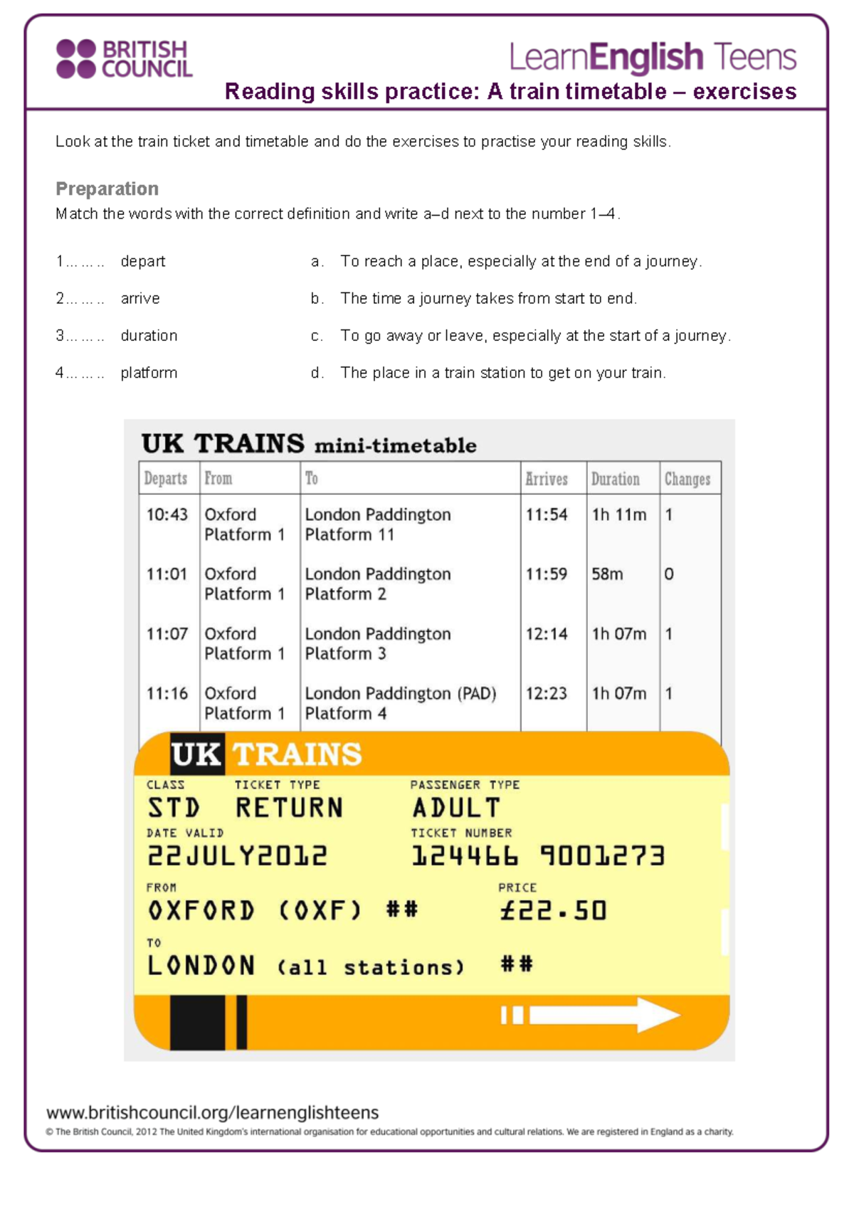 A Train Timetable Exercises: Reading Skills Practice - Studocu