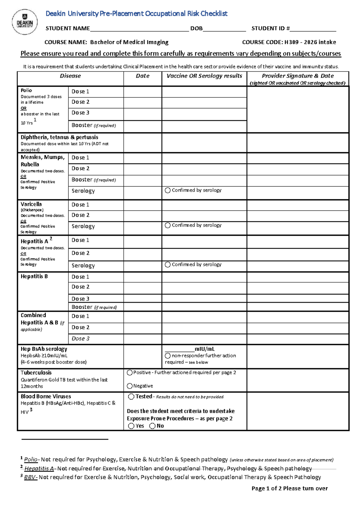2026 H309 Bachelor of Medical Imaging Pre-Placement Checklist - Studocu