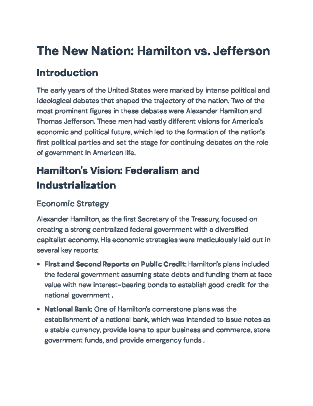 Debates on Nation's Direction: Hamilton vs. Jefferson Examined (HIST200 ...