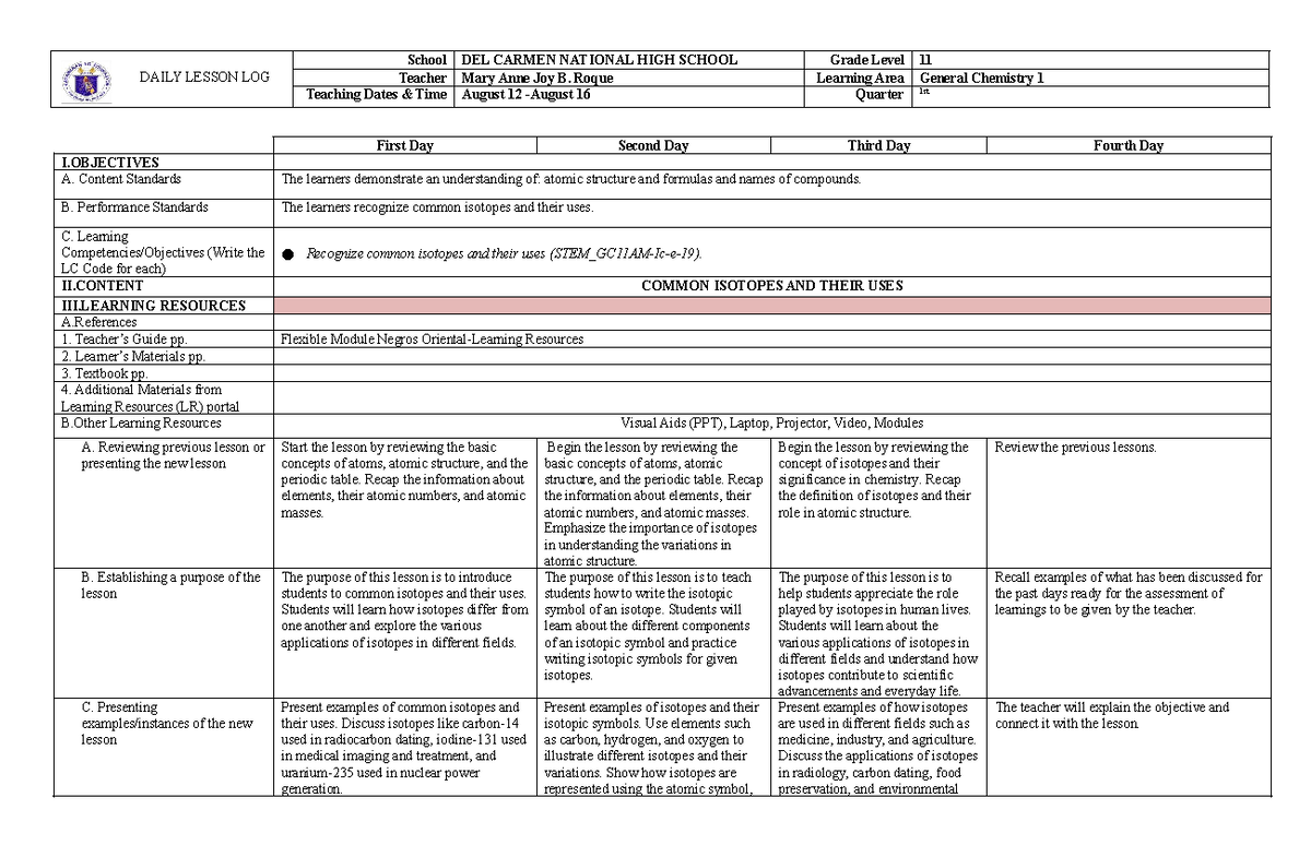 General Chemistry 1 - GENCHEM 1 Daily Lesson Log on Isotopes - Studocu