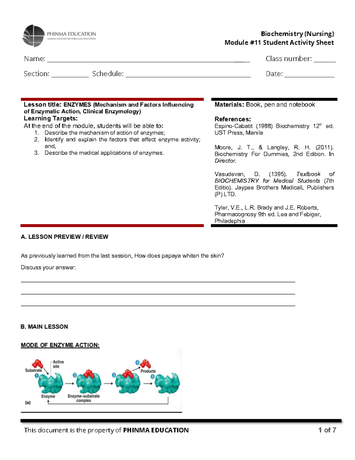 Biochemistry (Nursing) Module: Enzymes Lesson Activity Sheet - Studocu