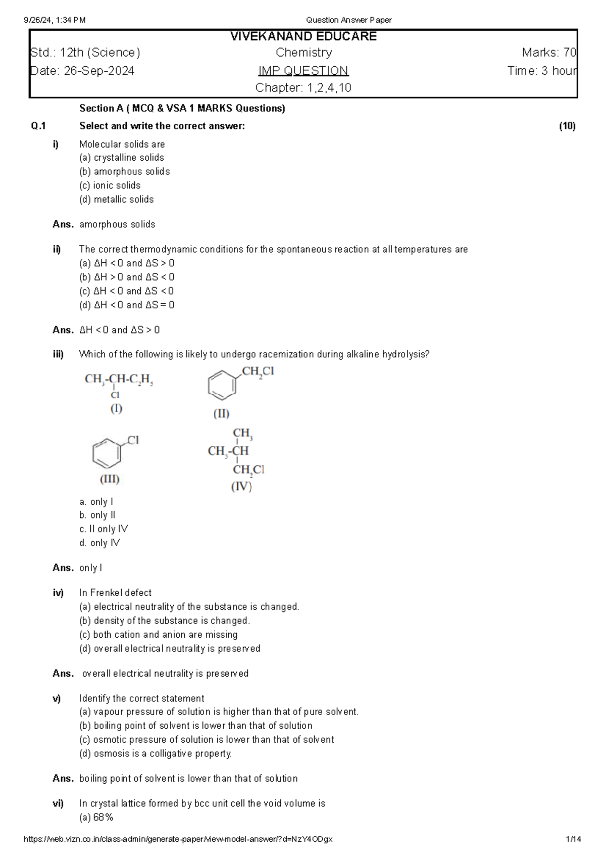 CHEM IMP Question - VIVEKANAND EDUCARE Std.: 12th (Science) Chemistry ...
