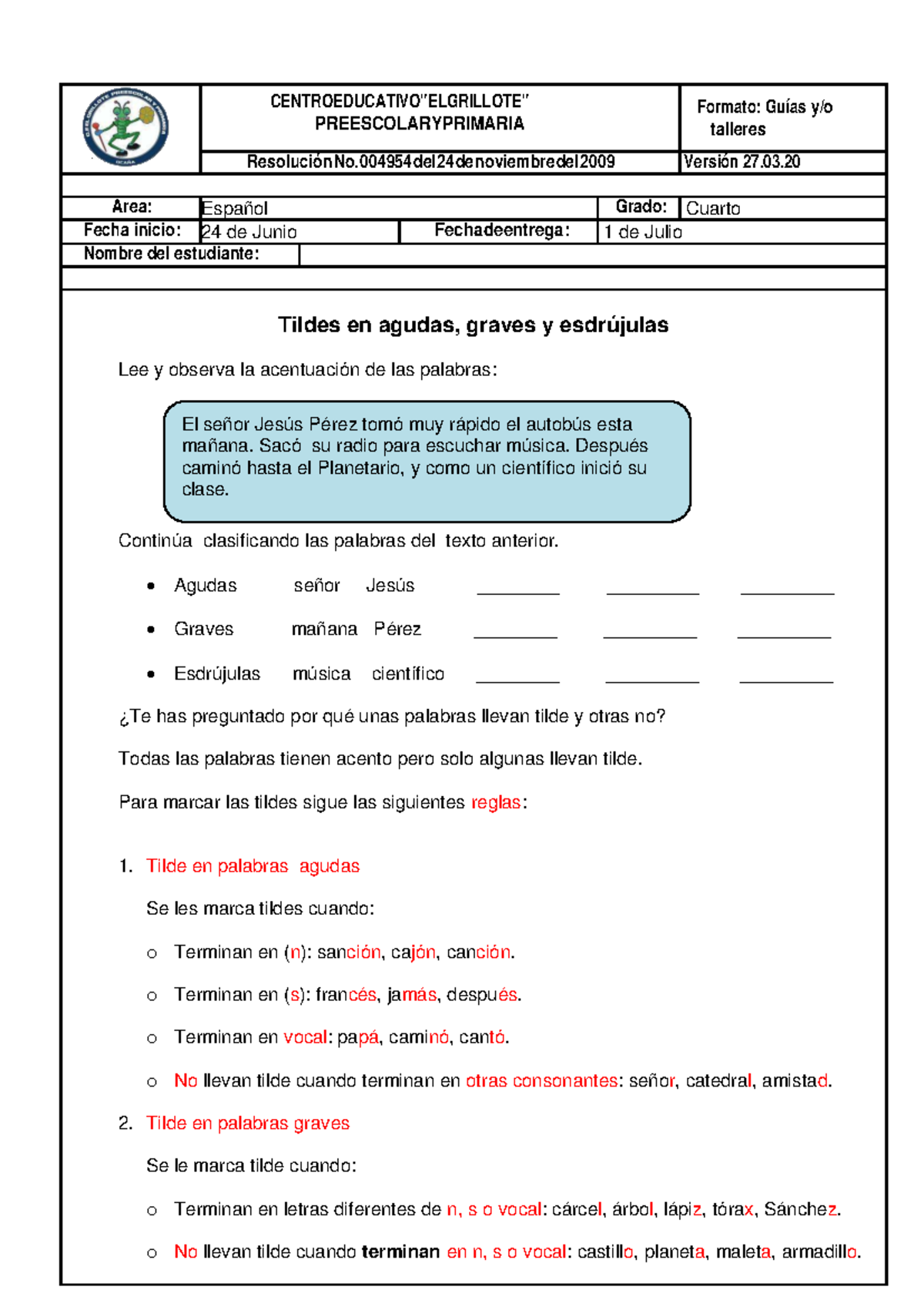Guía Taller: Tildes en Palabras Agudas, Graves y Esdrújulas - 4to Grado ...