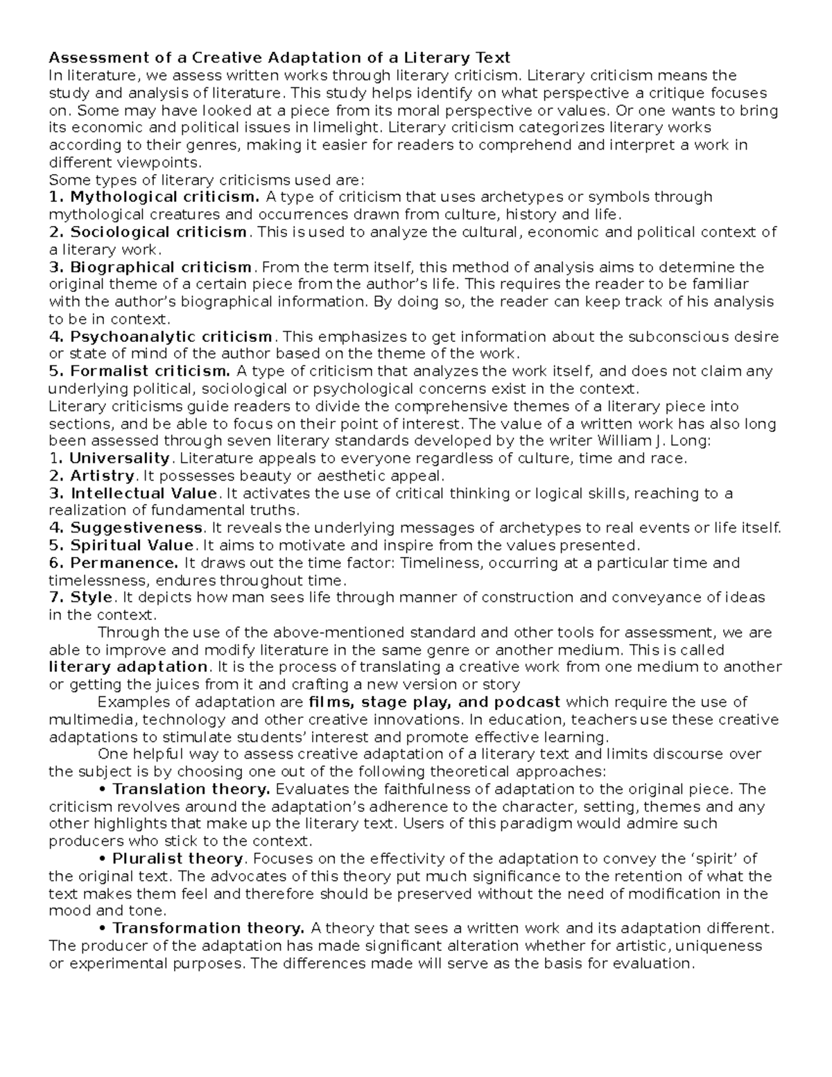 21st Century Lit Week 7: Creative Adaptation Assessment Notes - Studocu