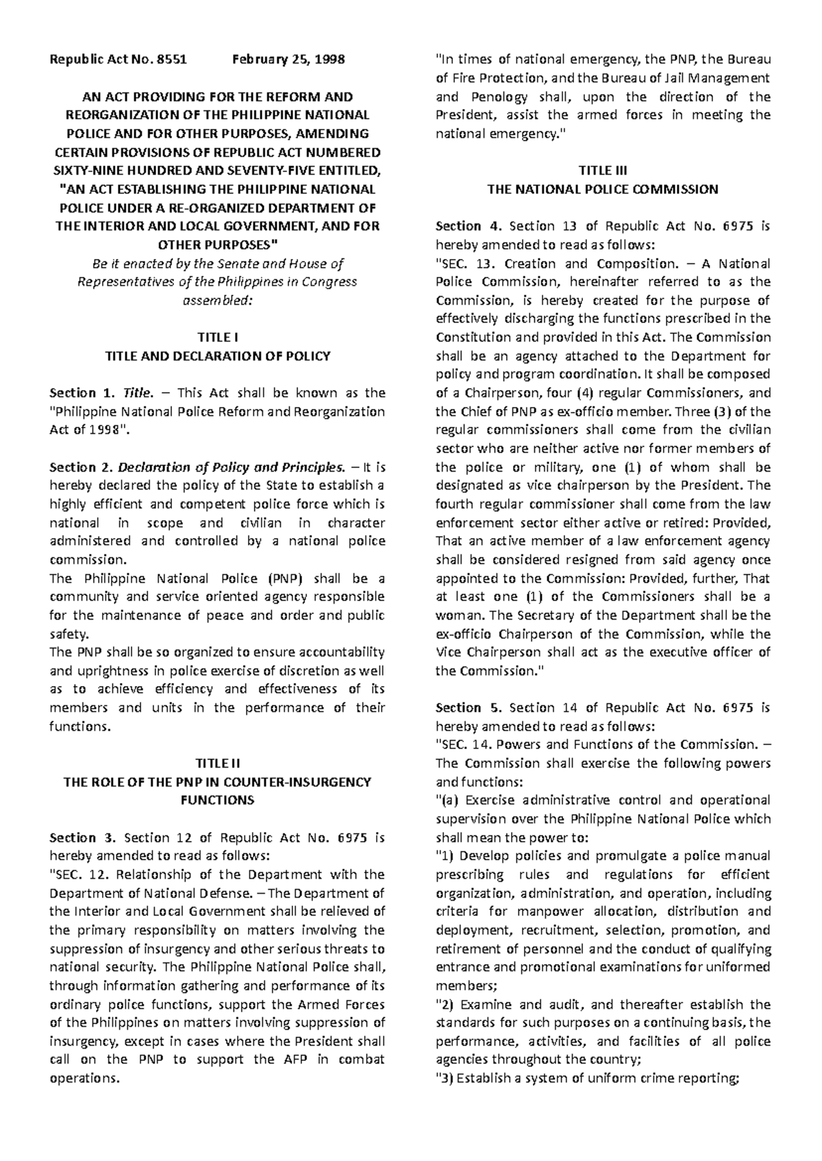 RA 8551 - RA 8551 - Republic Act No. 8551 February 25, 1998 AN ACT ...