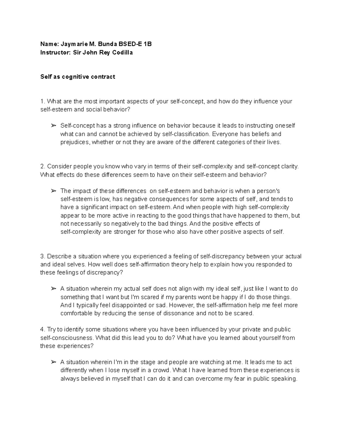 BSED-E 1B Essay Notes: Self as Cognitive Contract Reflection - Studocu