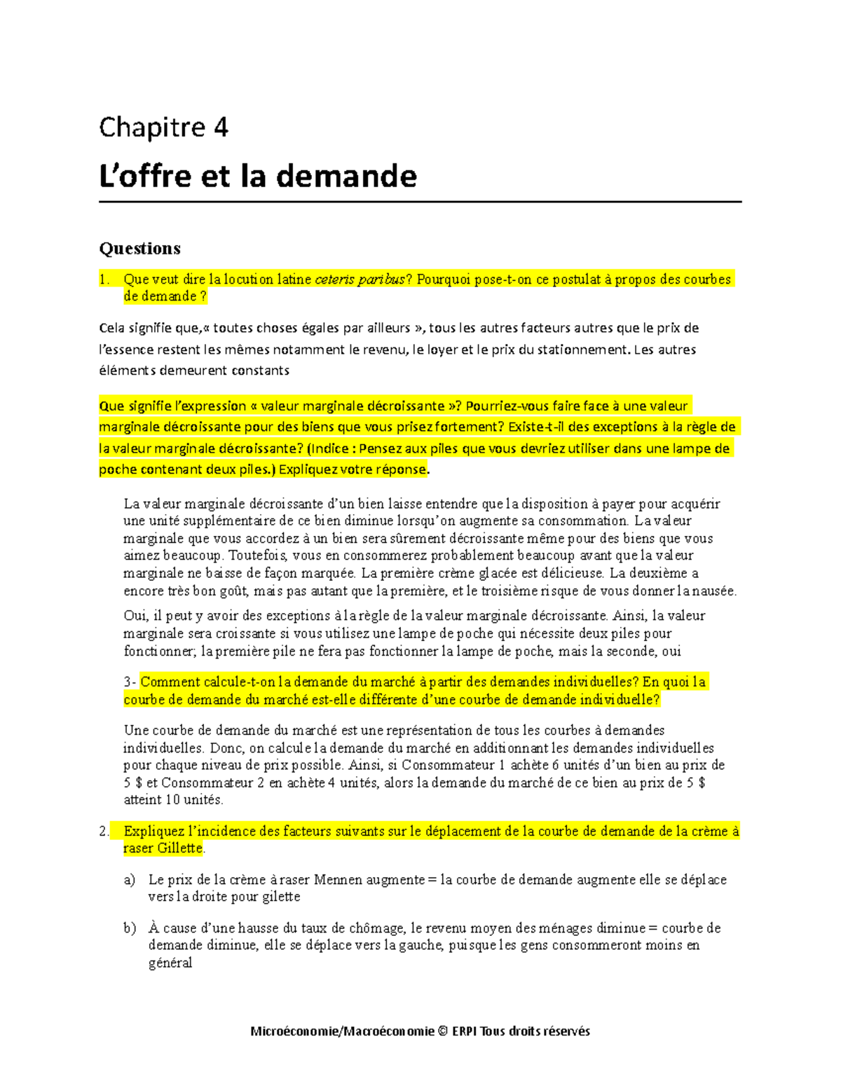Chapitre 4 - Questions et Exercices sur l'Offre et la Demande - Studocu