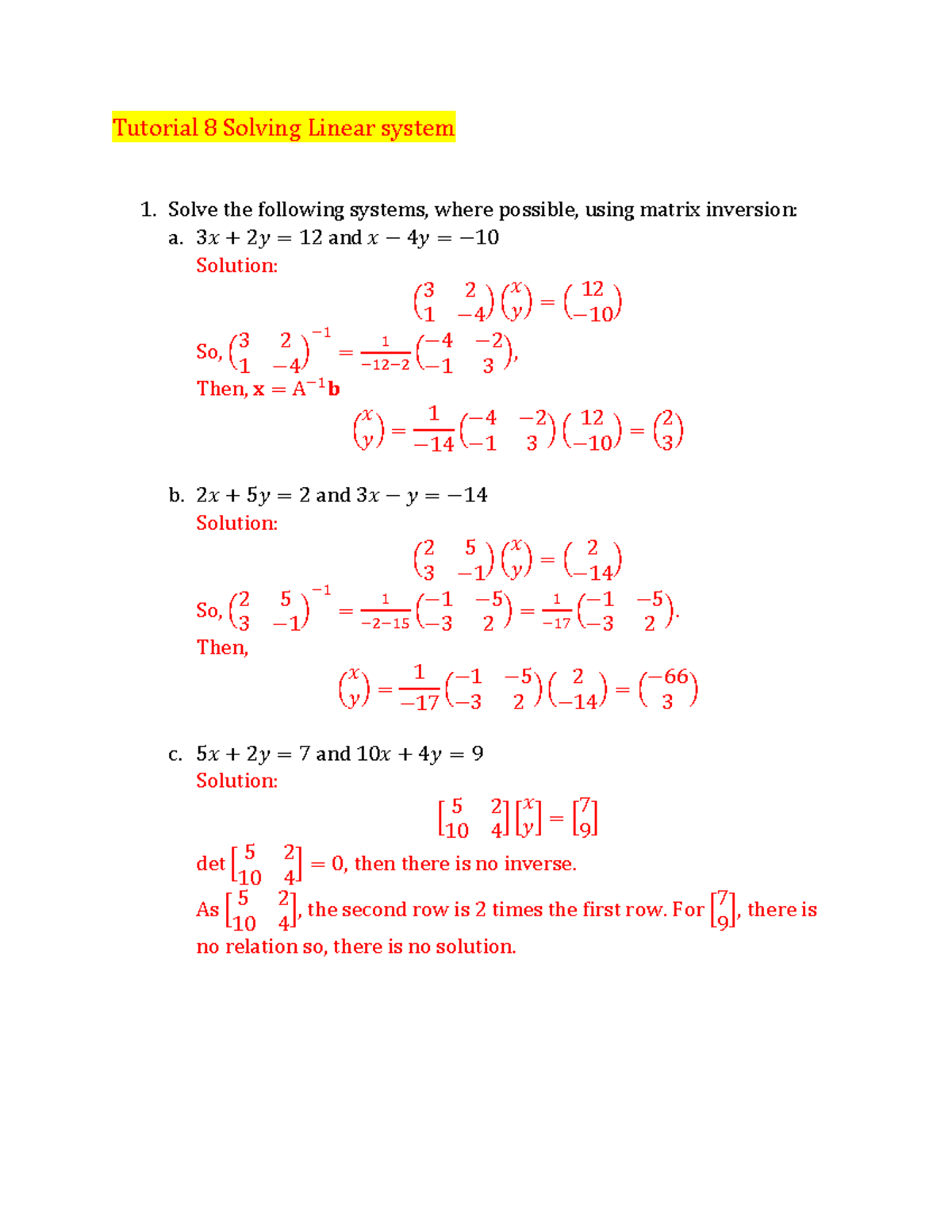 Tutorial 8: Solving Linear Systems Using Matrix Inversion - Studocu
