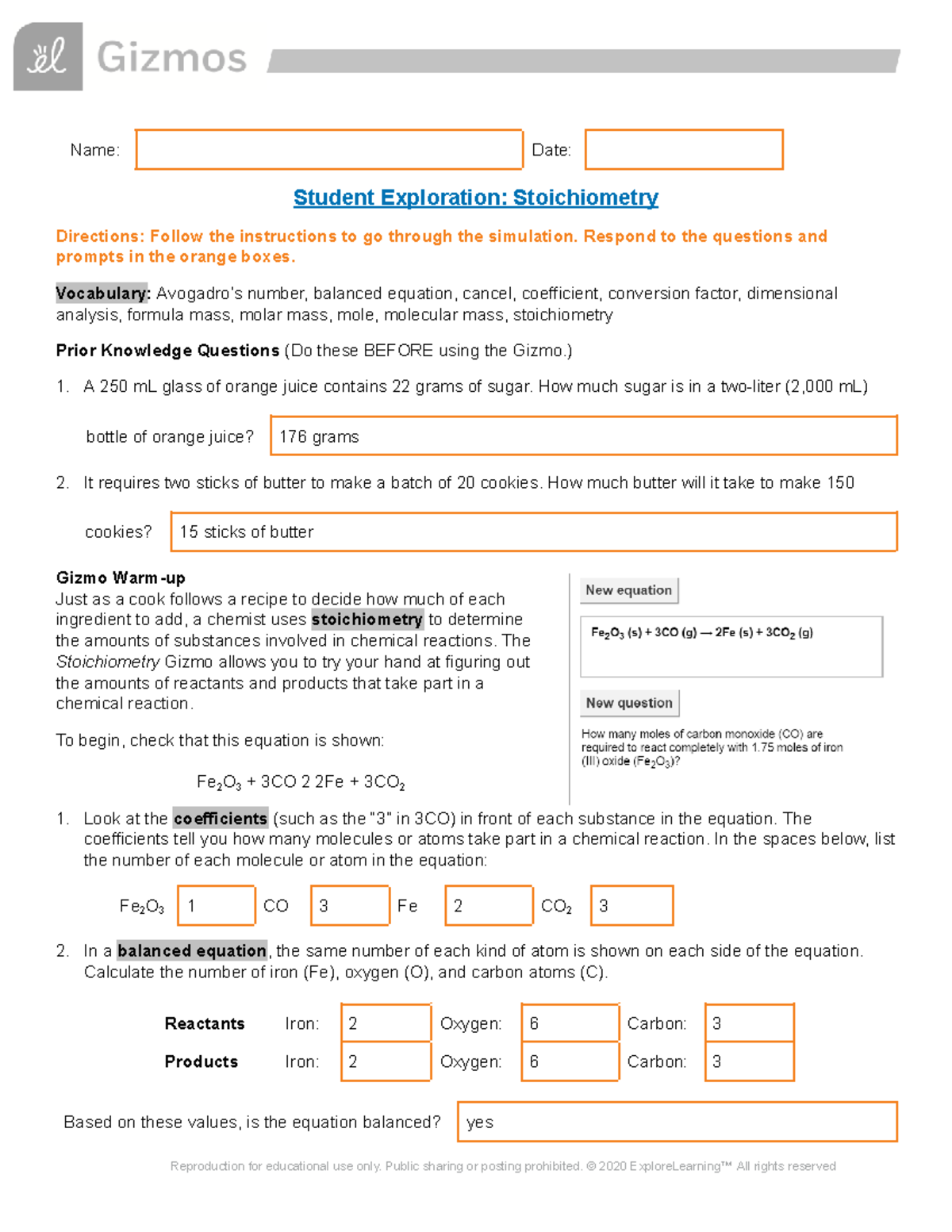 Stoichiometry Student Exploration Guide - Adriana Minor SE - Studocu