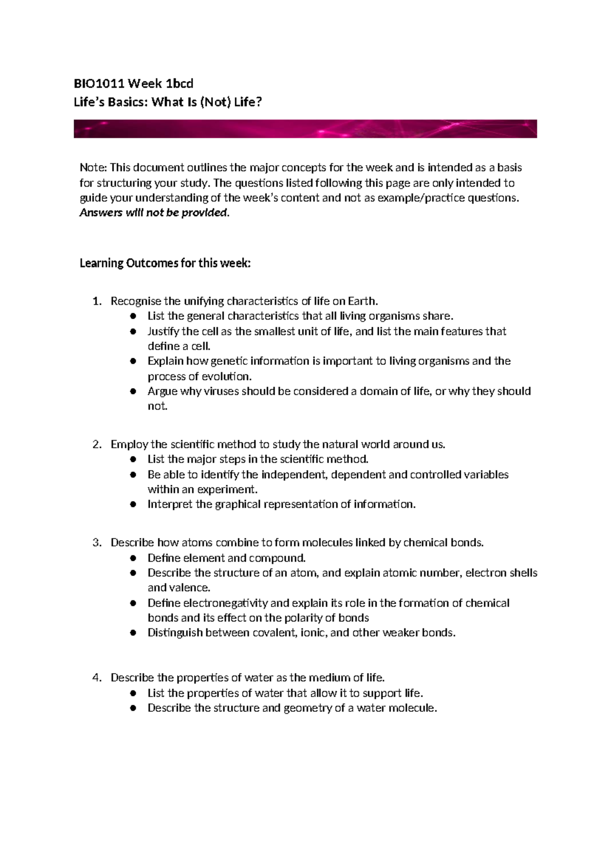 BIO1011 Week 1bcd Study Guide: Exploring Life's Basics - Studocu
