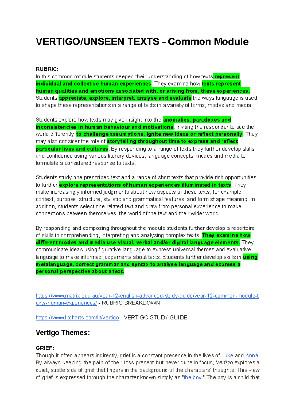 English HSC Notes: Vertigo Analysis & Human Experience Themes - Studocu