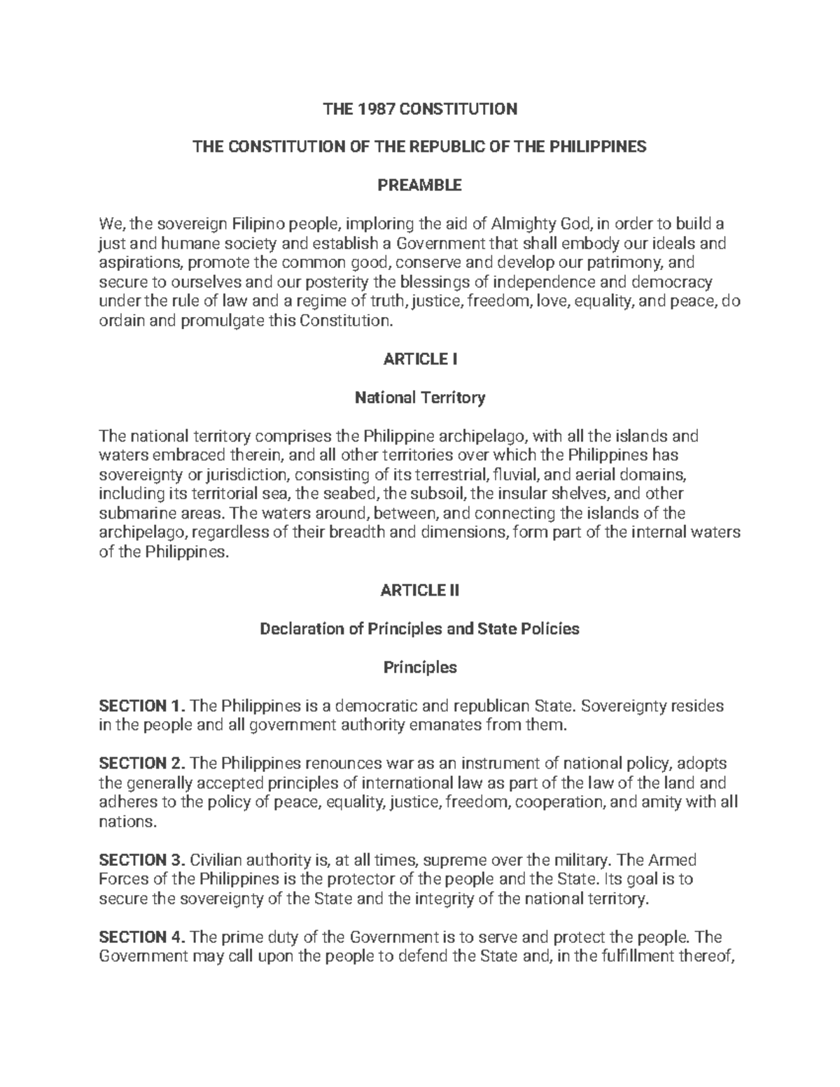 1987 Philippine Constitution: Preamble and Articles Overview - Studocu