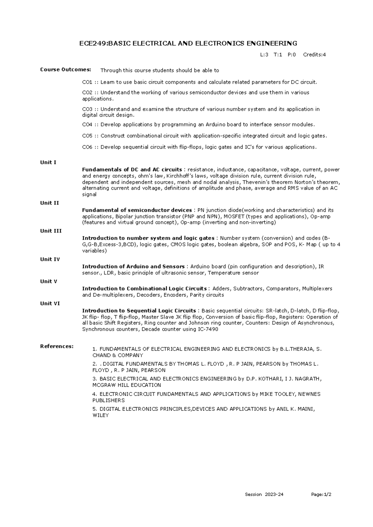 ECE249: Basic Electrical & Electronics Engg. Course Overview - Studocu