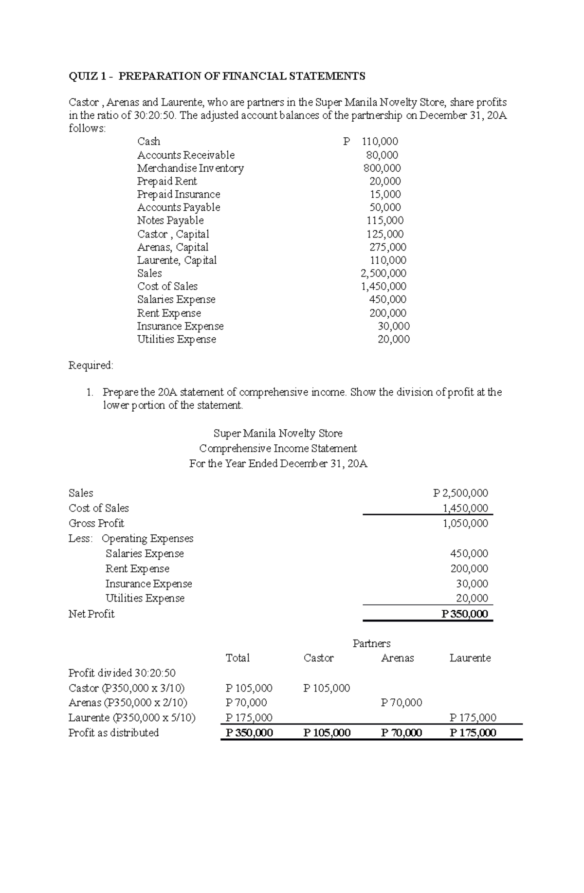 496689666 QUIZ 1 Preparation of Financial Statements - QUIZ 1 - PREPARATION OF FINANCIAL ...