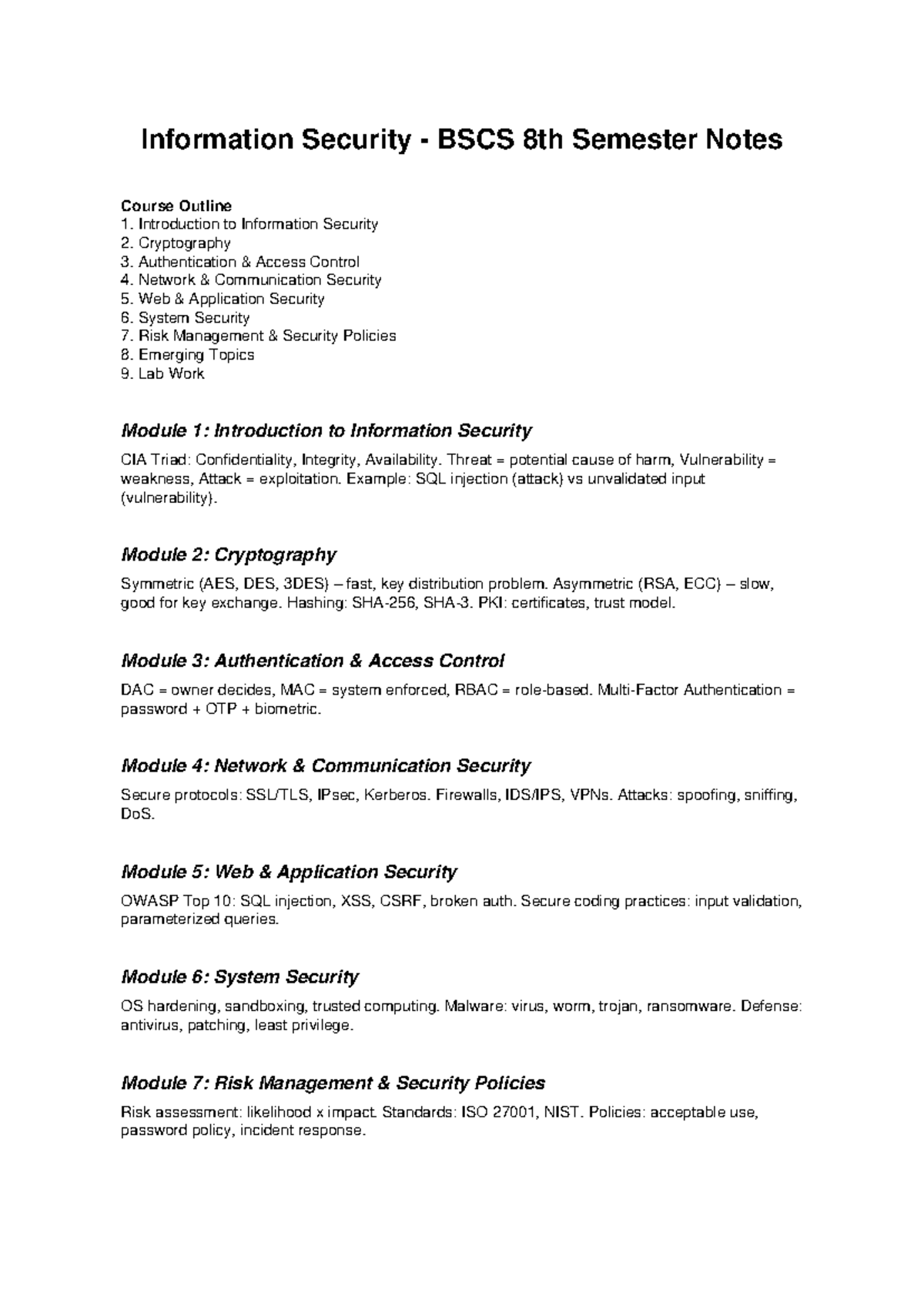 Information Security BSCS 8th Sem Final Exam Notes - Studocu