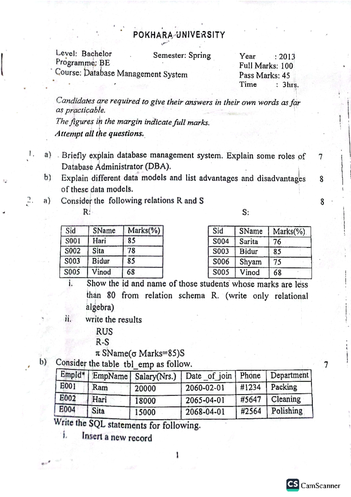 DBMS Past Questions - Comprehensive Collection for BE Program - Studocu