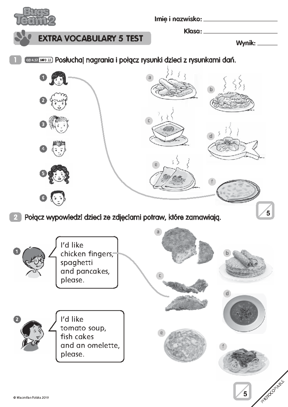 Bugs Team 2 Tests Extra Vocabulary unit 5 - PHOTOCOPIABLE Imię i ...