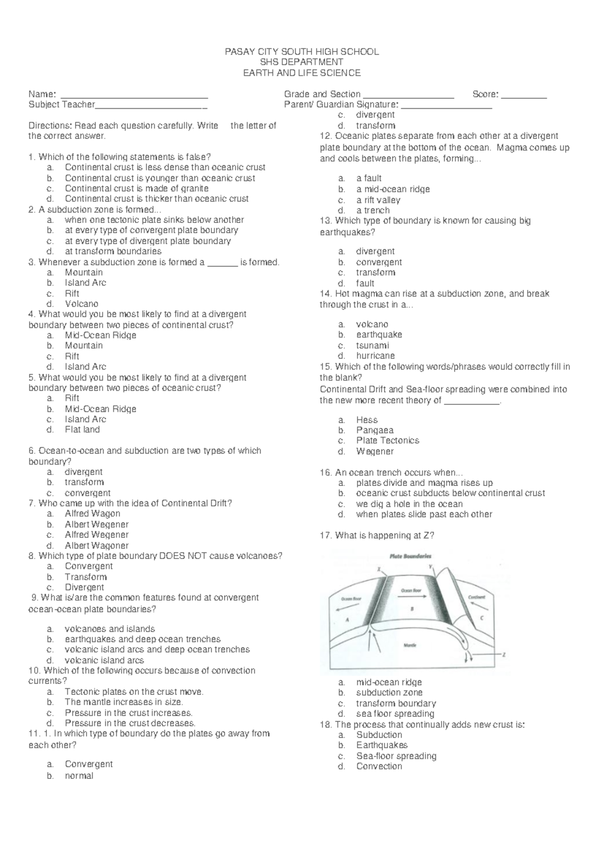 Earth and Life Science Worksheet (SHS) - Divergent Plate Boundaries ...