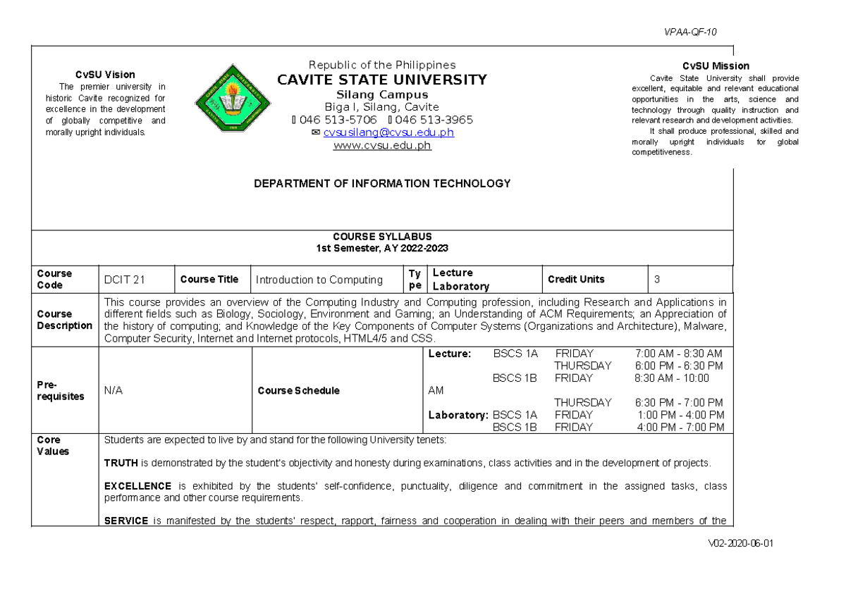 DCIT 21 Syllabus: Introduction to Computing - BSCS 1st Sem AY 2023-2024 - Studocu