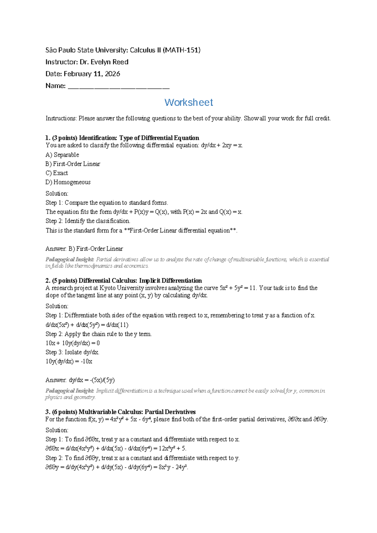 Calculus II Worksheet 2723: Differential Equations & Derivatives ...