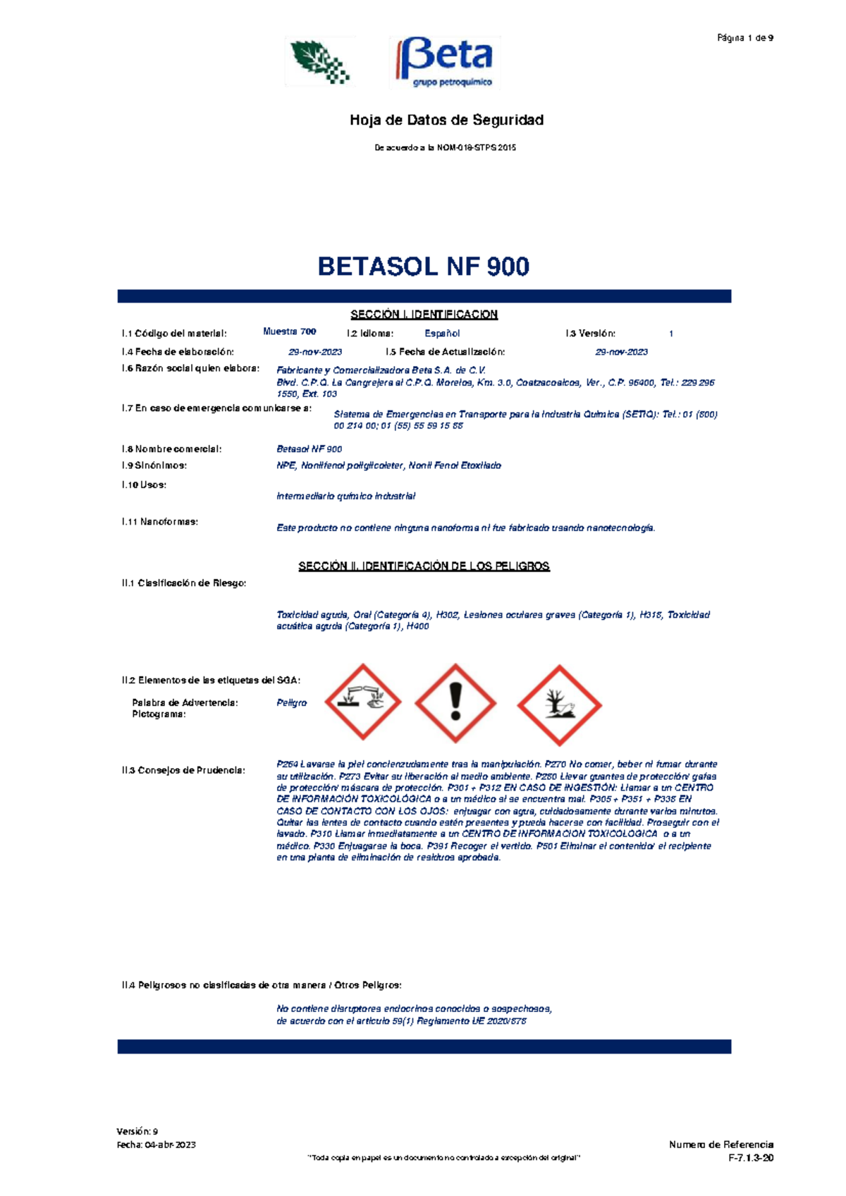 Hoja de Datos de Seguridad Betasol NF 900 (Versión 9) - Studocu