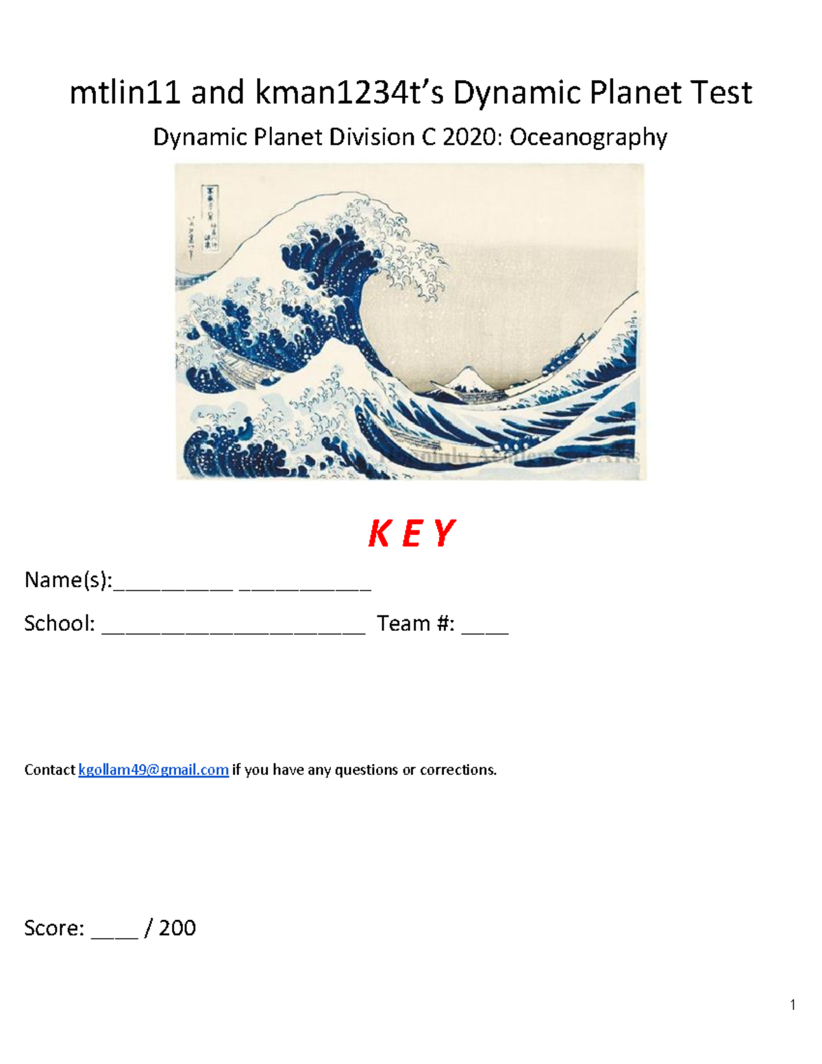 Dynamic Planet Division C 2021 Test - Oceanography Instructions & Key ...