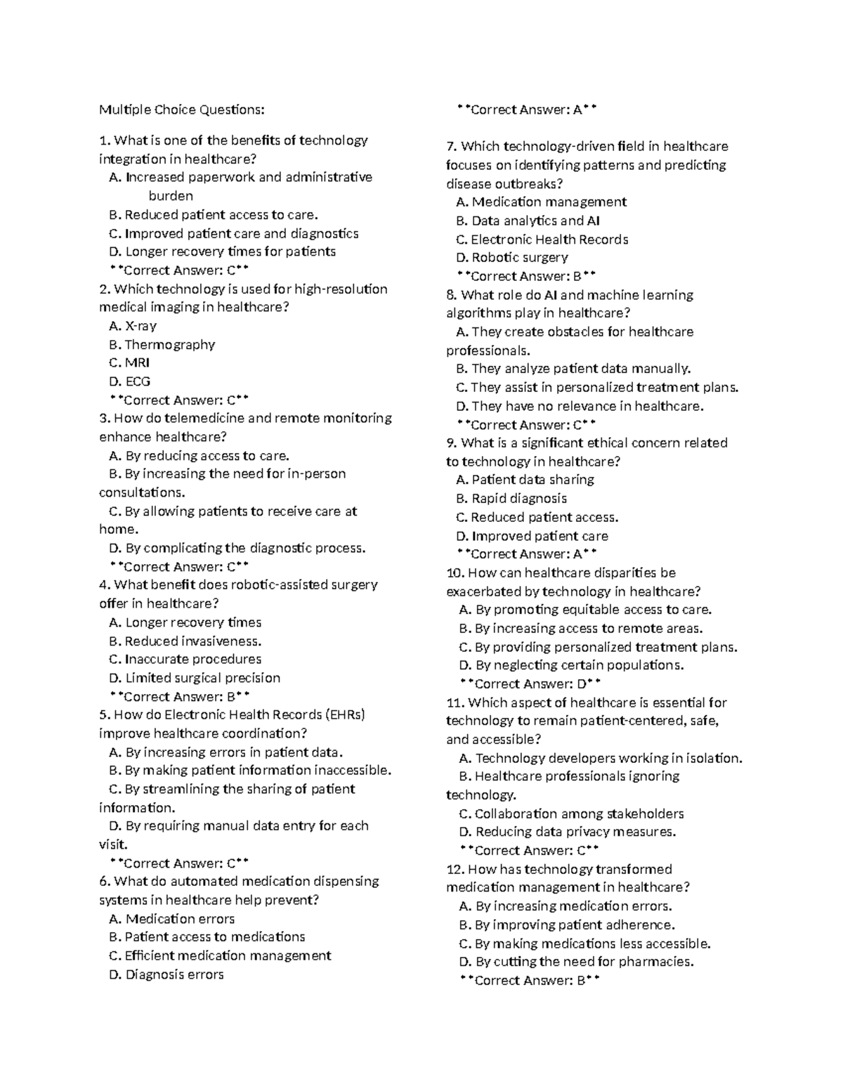 Healthcare Integration and Tech: Multiple Choice Questions with Answers ...