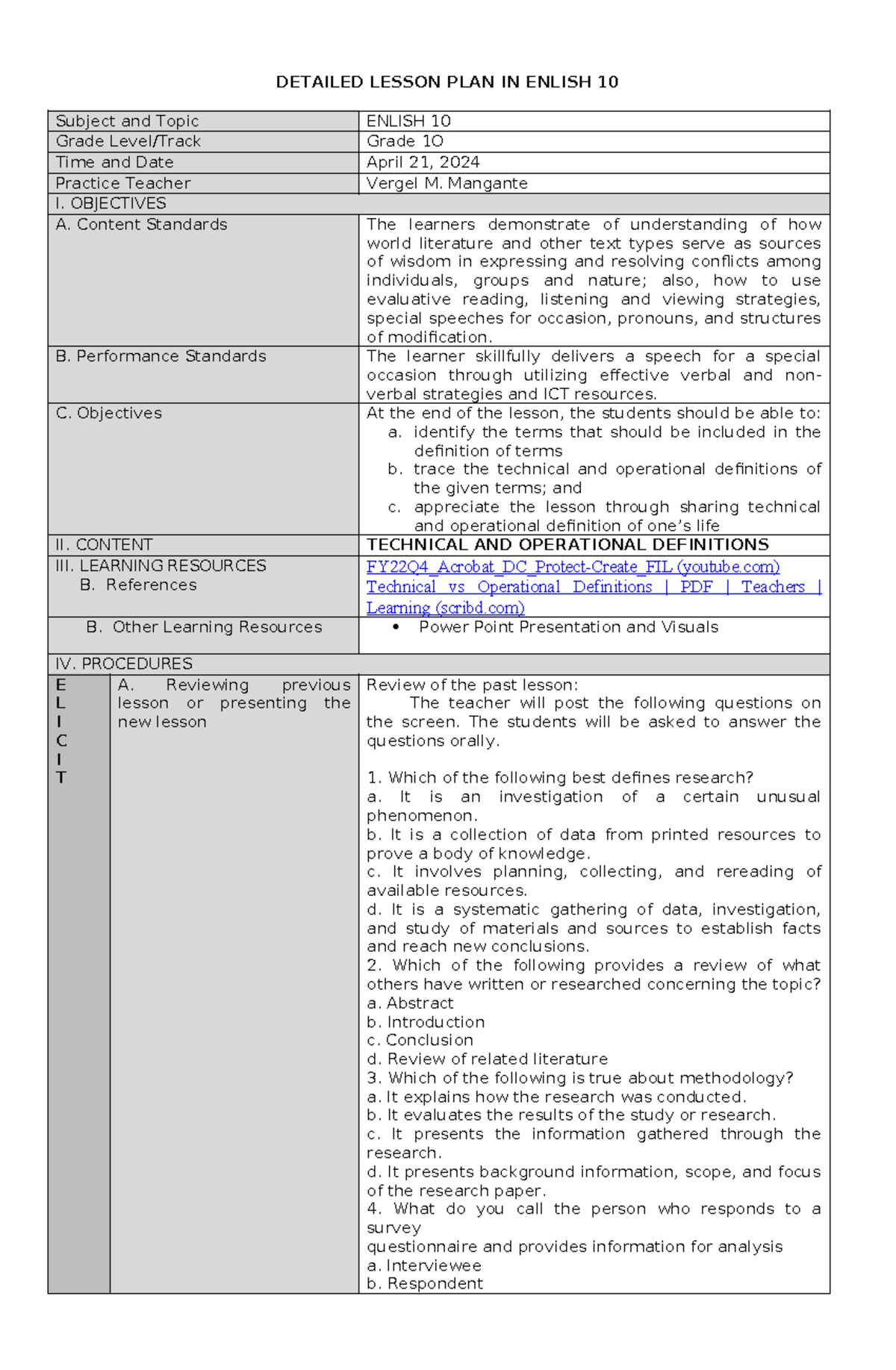 Detailed Lesson Plan in ENGLISH 10: Technical and Operational ...