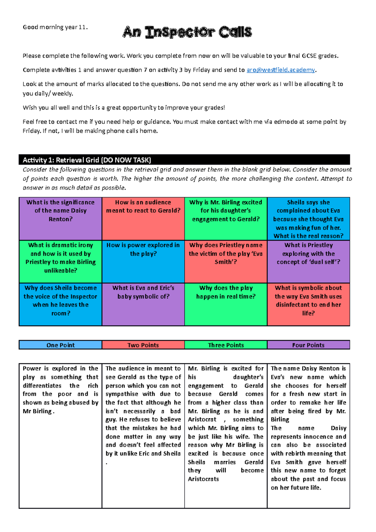 An Inspector Calls - Sample Exam Answers and Activities Booklet - Studocu