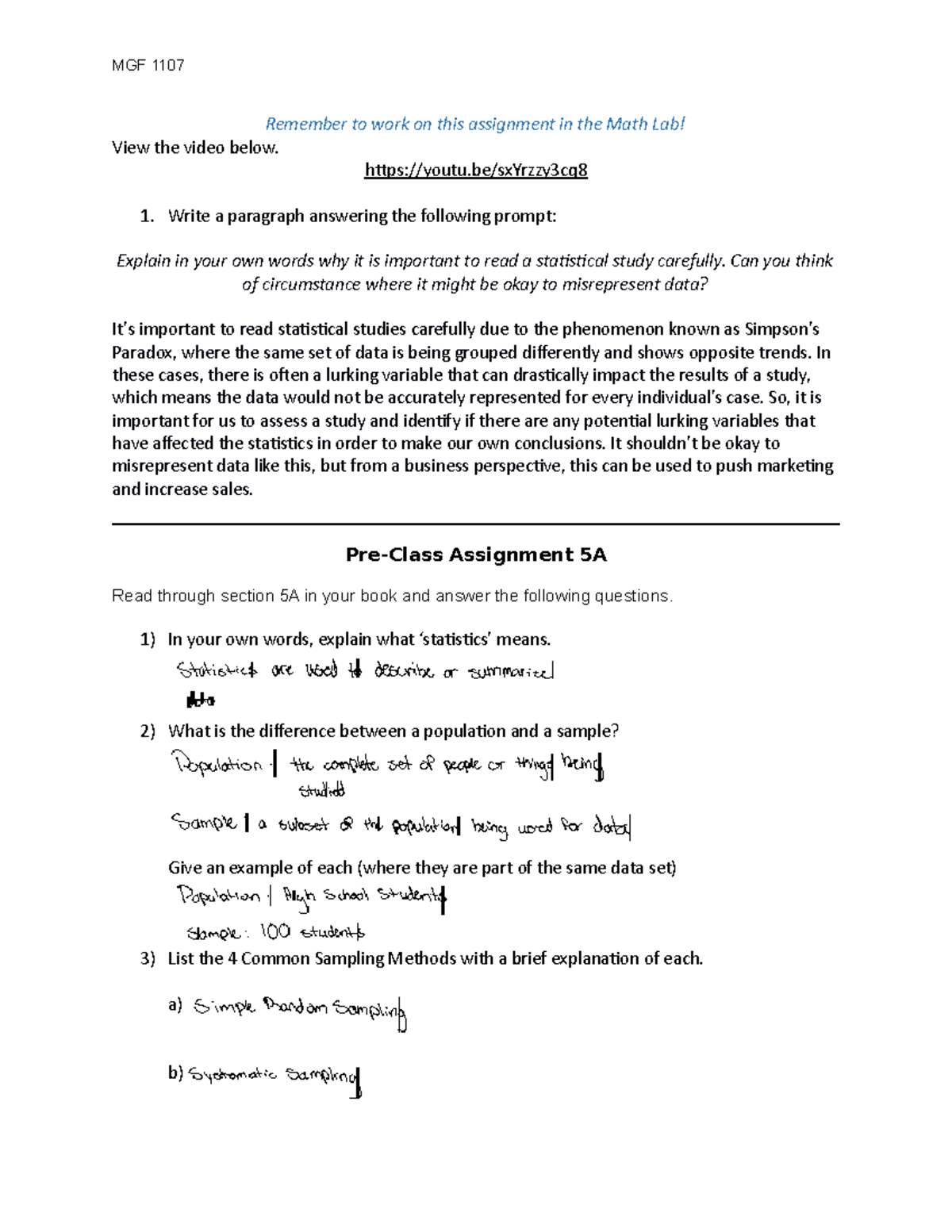 MGF 1107 Pre-Class Worksheet 5A: Understanding Statistics and Sampling ...