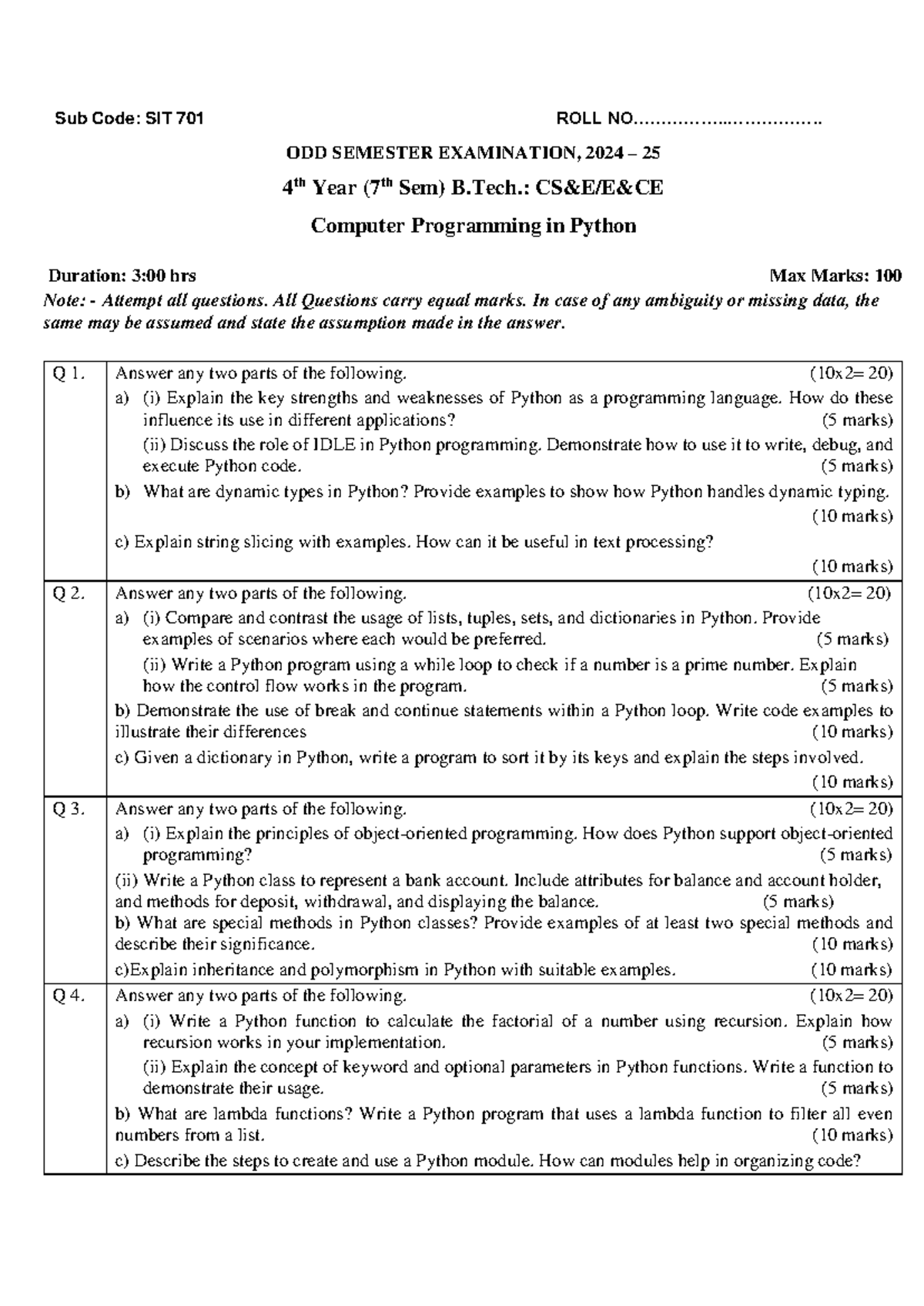SIT 701 4th Year B.Tech. Final Exam: Python Programming 2024 - Studocu