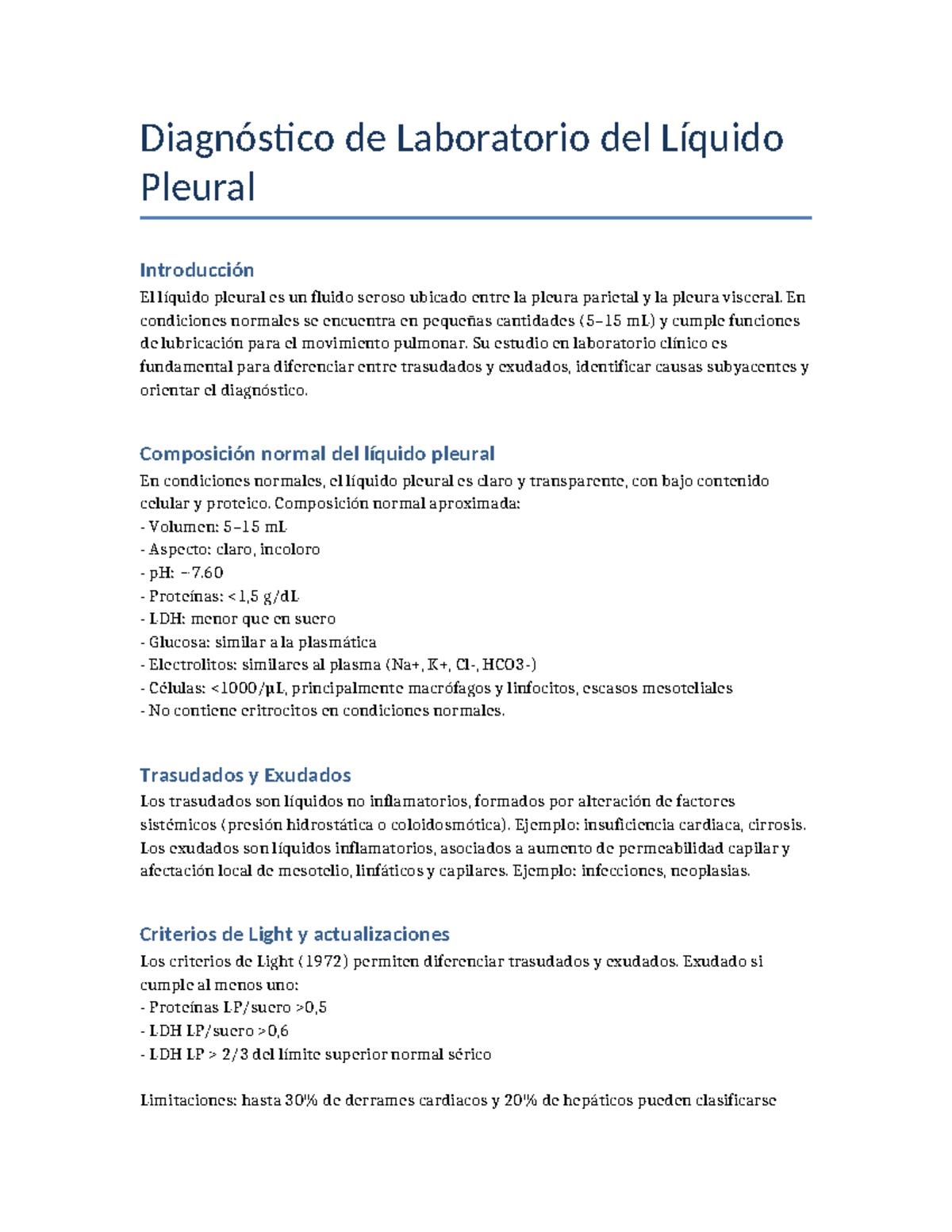 Resumen del Diagnóstico de Laboratorio del Líquido Pleural - Studocu