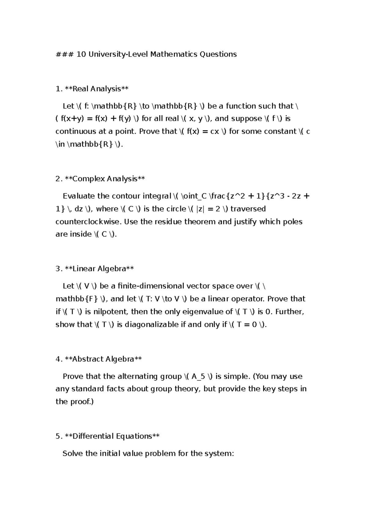 Mathematics Questions and Problems - University Course 10 - Studocu
