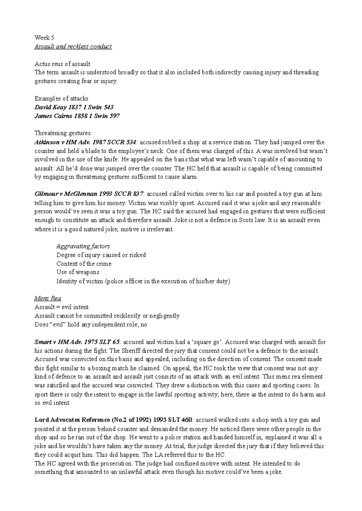 Week 5: Assault and Reckless Conduct Overview and Case Analyses - Studocu