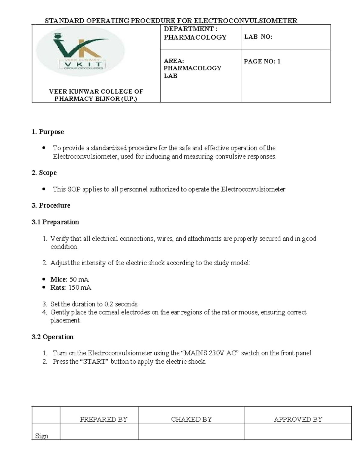 SOP for Electroconvulsiometer Operation - PHARM 101 - Studocu