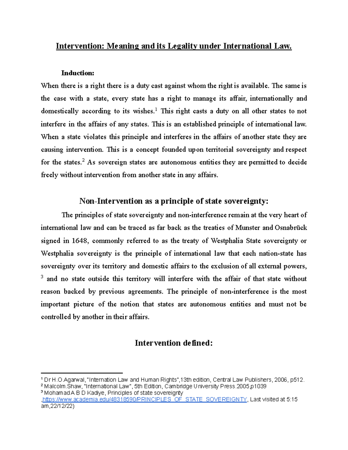 Intervention: Meaning, Legality, and Principles under Int'l Law - Studocu