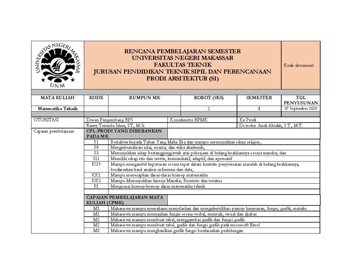 RPS Matematika Teknik Arsitektur (MK: Matematika Teknik) - Studocu