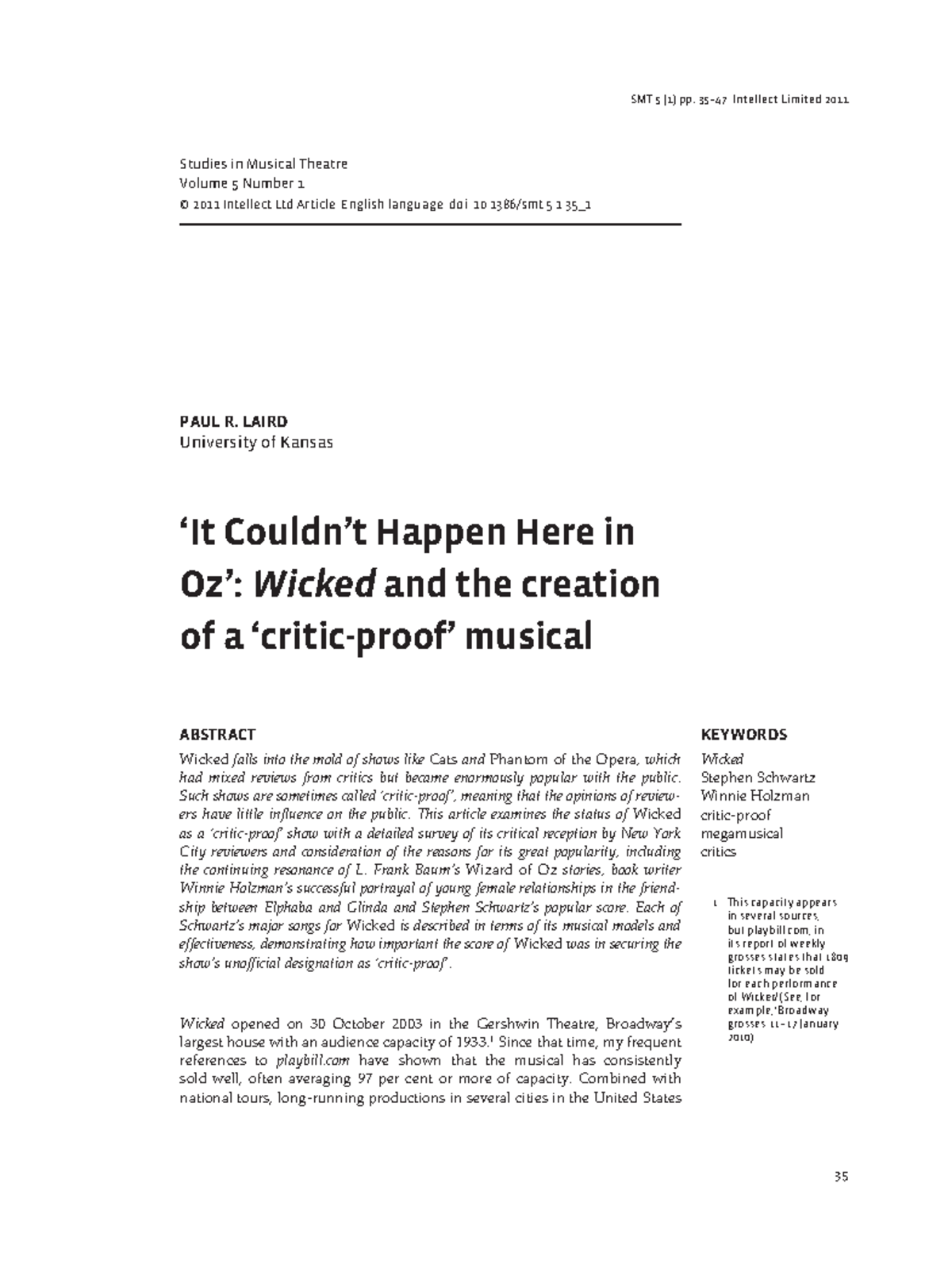 Wicked: Analyzing the 'Critic-Proof' Musical Phenomenon - SMT 5(1 ...