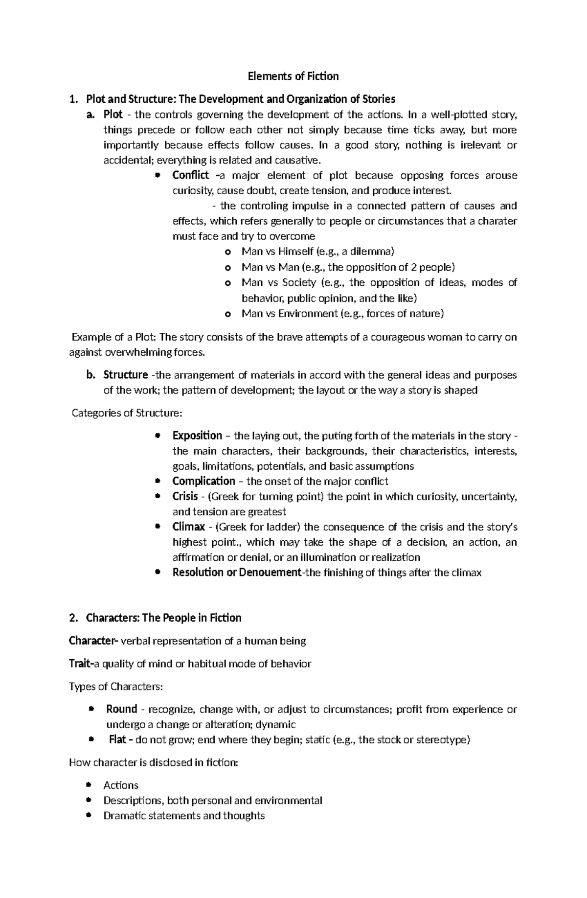 Lit 1: Comprehensive Notes on Elements of Fiction for Study - Studocu