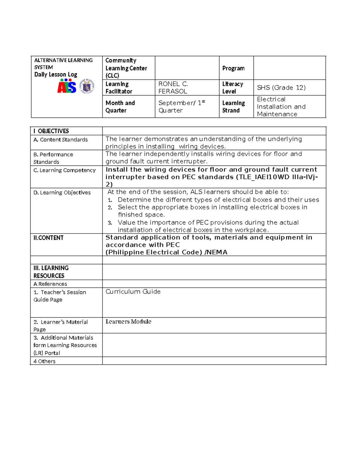 TVL EIM 12 - Daily Lesson Log on Electrical Boxes and PEC Standards ...