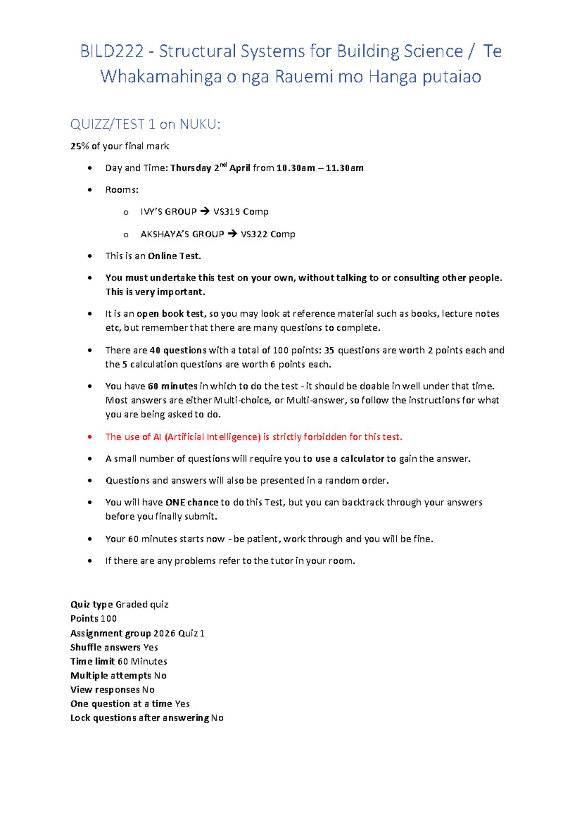 2026 - Structural Systems Quiz 1 Guidelines and Instructions - Studocu