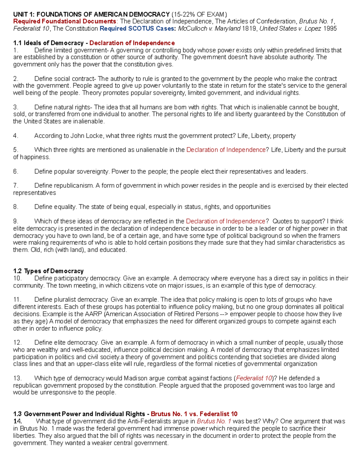 Unit 1 Final Review: Foundations of American Democracy (2025) - UNIT 1 ...