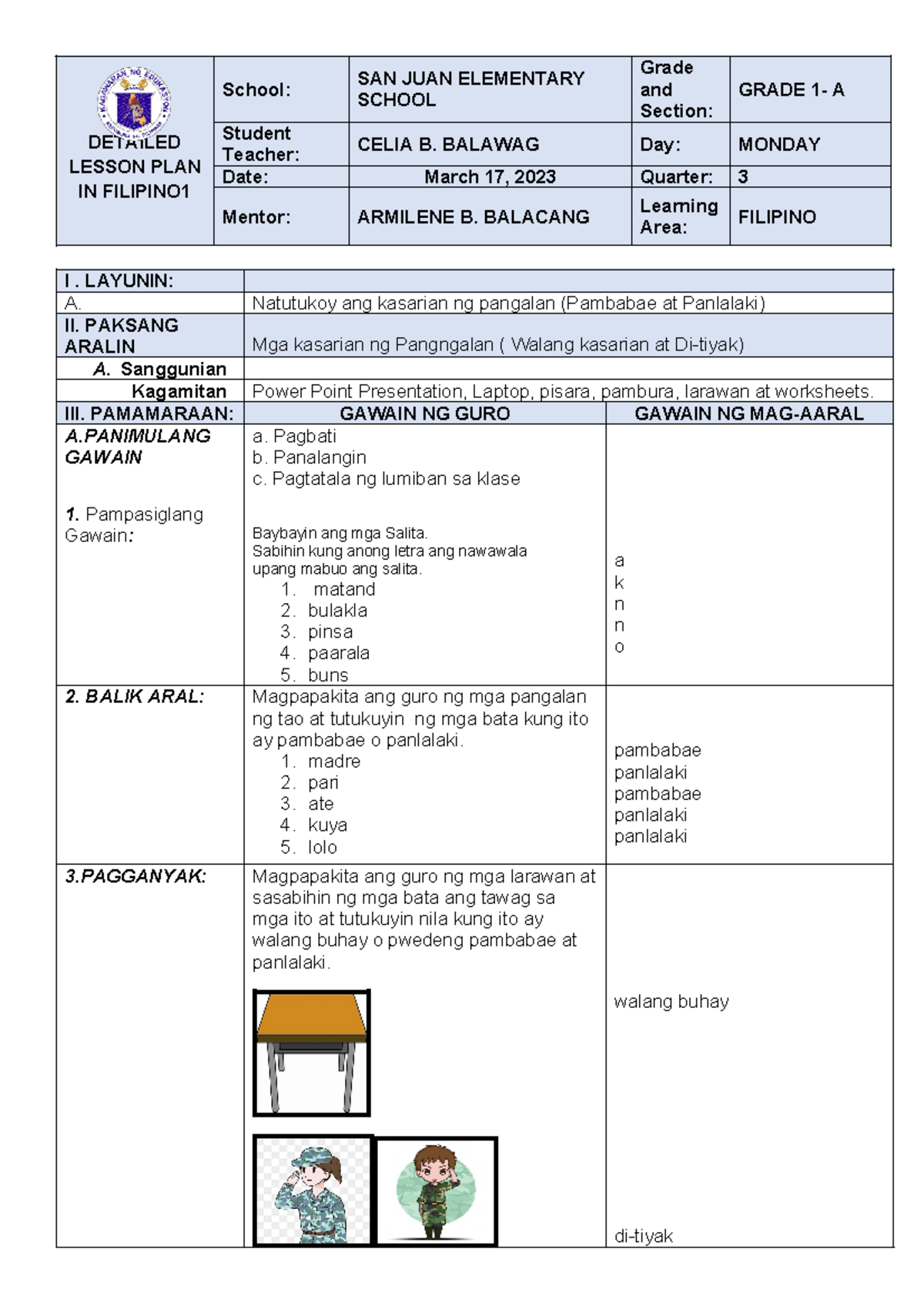 Walang Kasarian at Di-Tiyak: Lesson Plan for GRADE 1 - A (FILIPINO ...