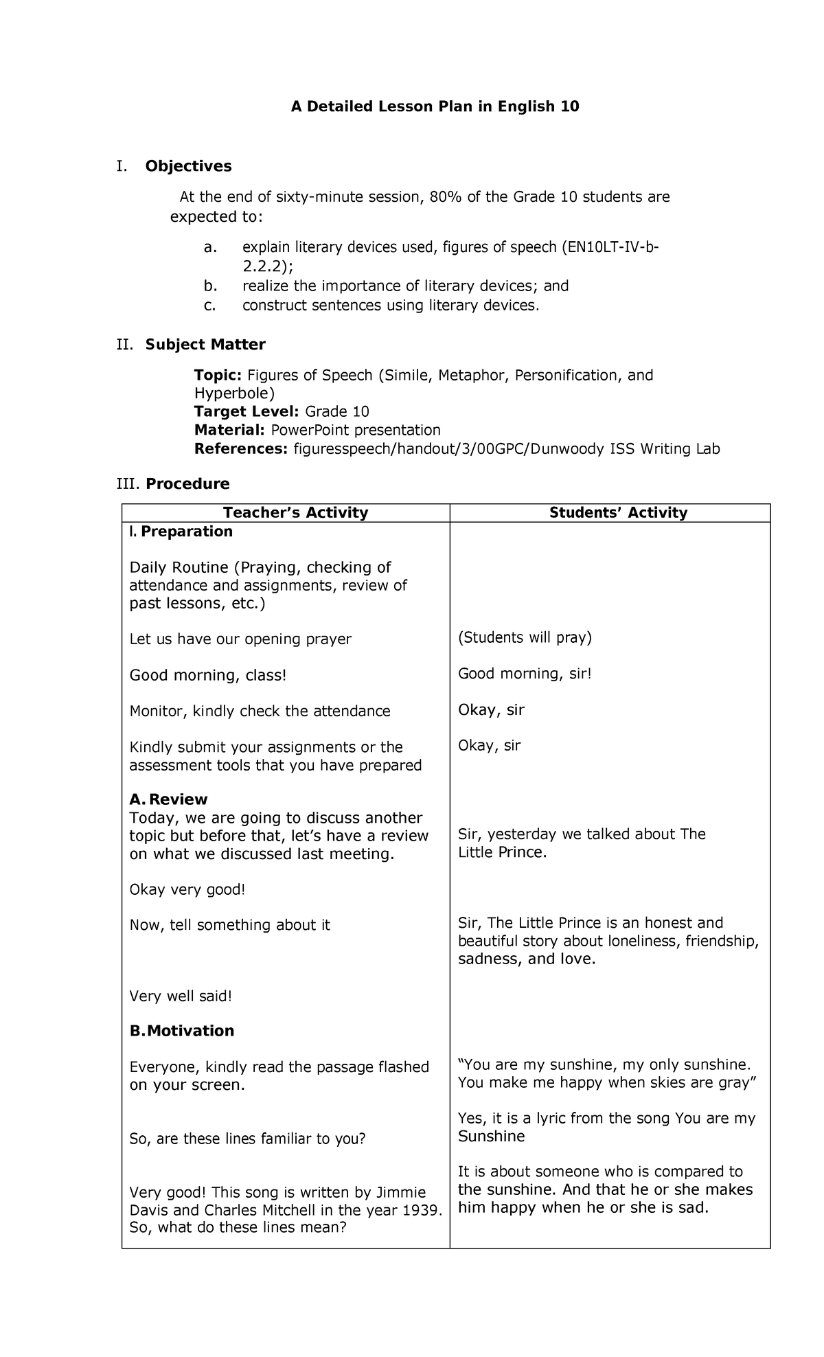 Detailed Lesson Plan on Figures of Speech for English 10 - Studocu