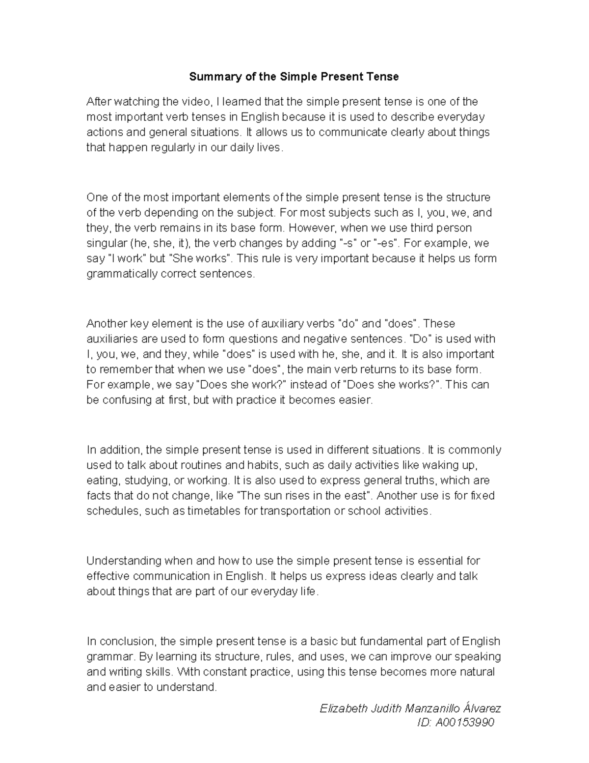 Eng 101 Summary Of The Simple Present Tense And Its Uses Studocu