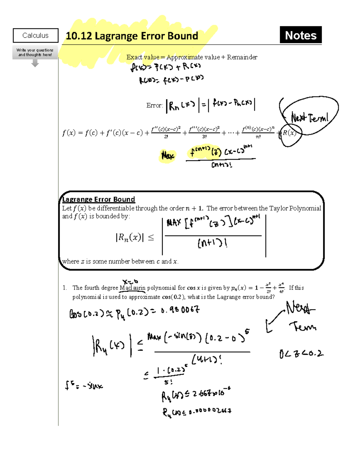 Calc 10 - Unit 10 Lagrange Error Bound Notes - Studocu