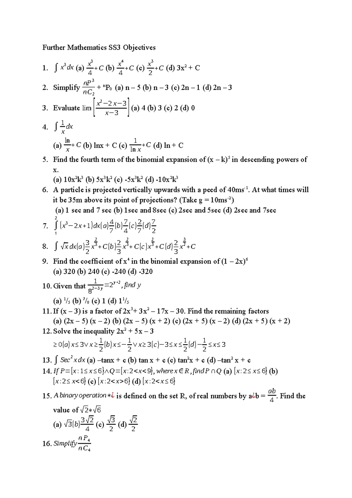 Further Mathematics SS3 Exam Objectives and Solutions - Studocu