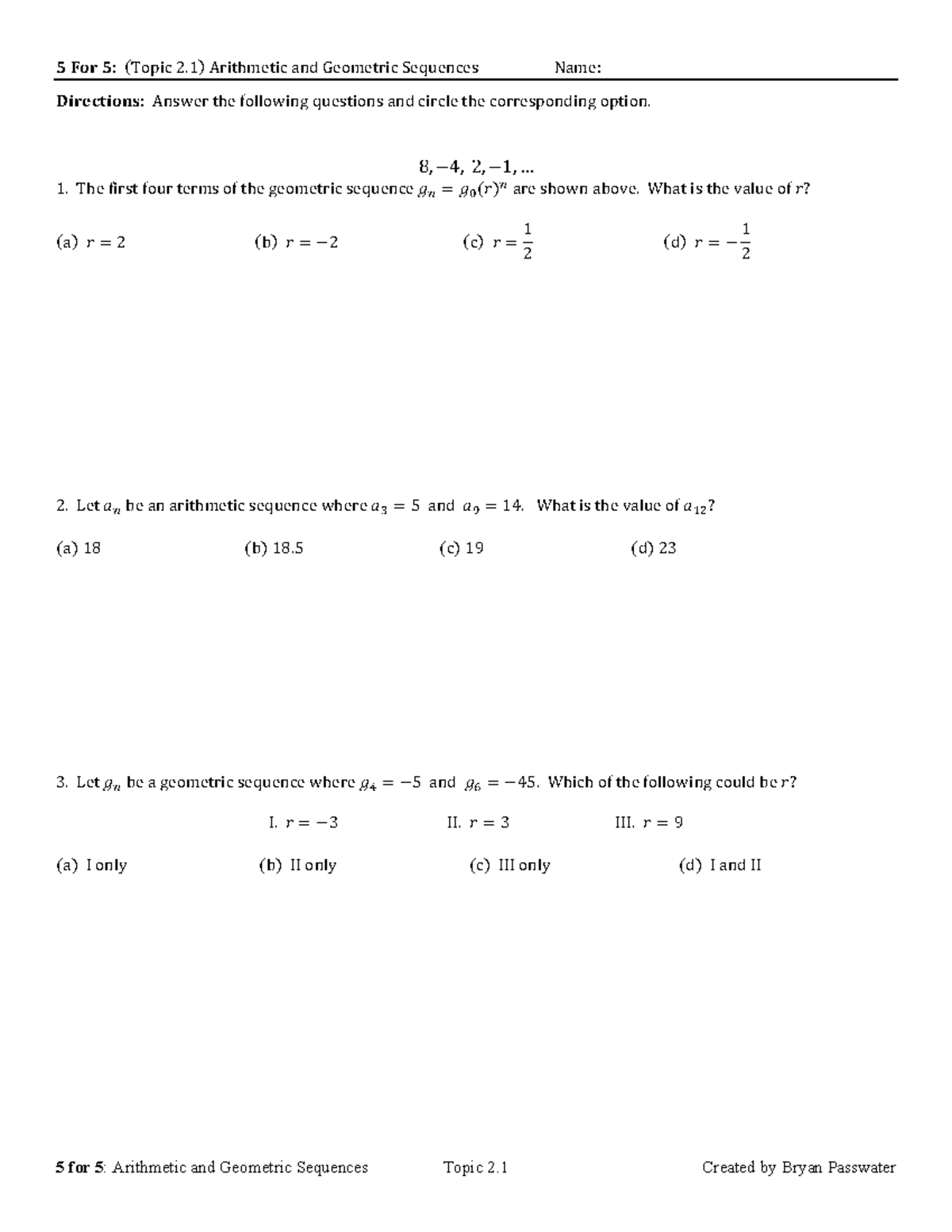 5 For 5 Topic 2.1 Sequences AP Pre Calc - 5 for 5: Arithmetic and ...
